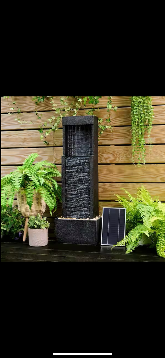 38 in. Tall Outdoor Gray Slate Solar-Powered Waterfall Fountain with L ...